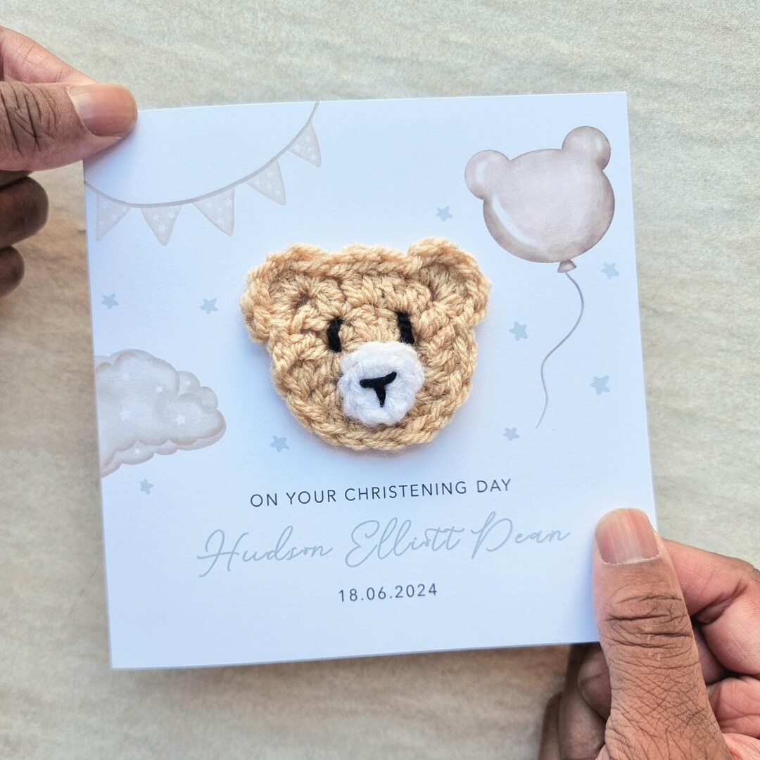 Personalised Bear Christening Card Handmade Crochet Bear Christening ...