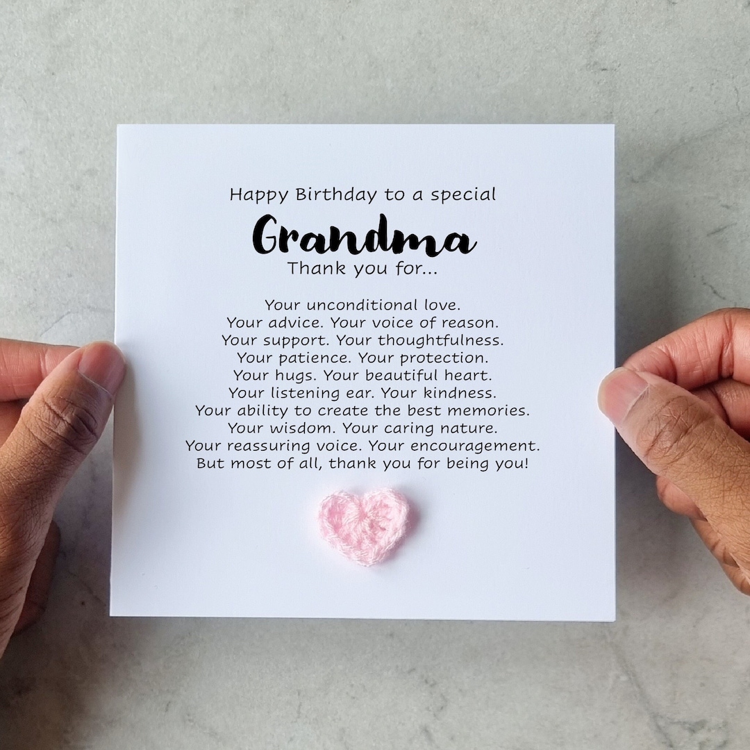 Poem Grandma Birthday Card - Handmade Crochet Heart - Card for Grandma ...