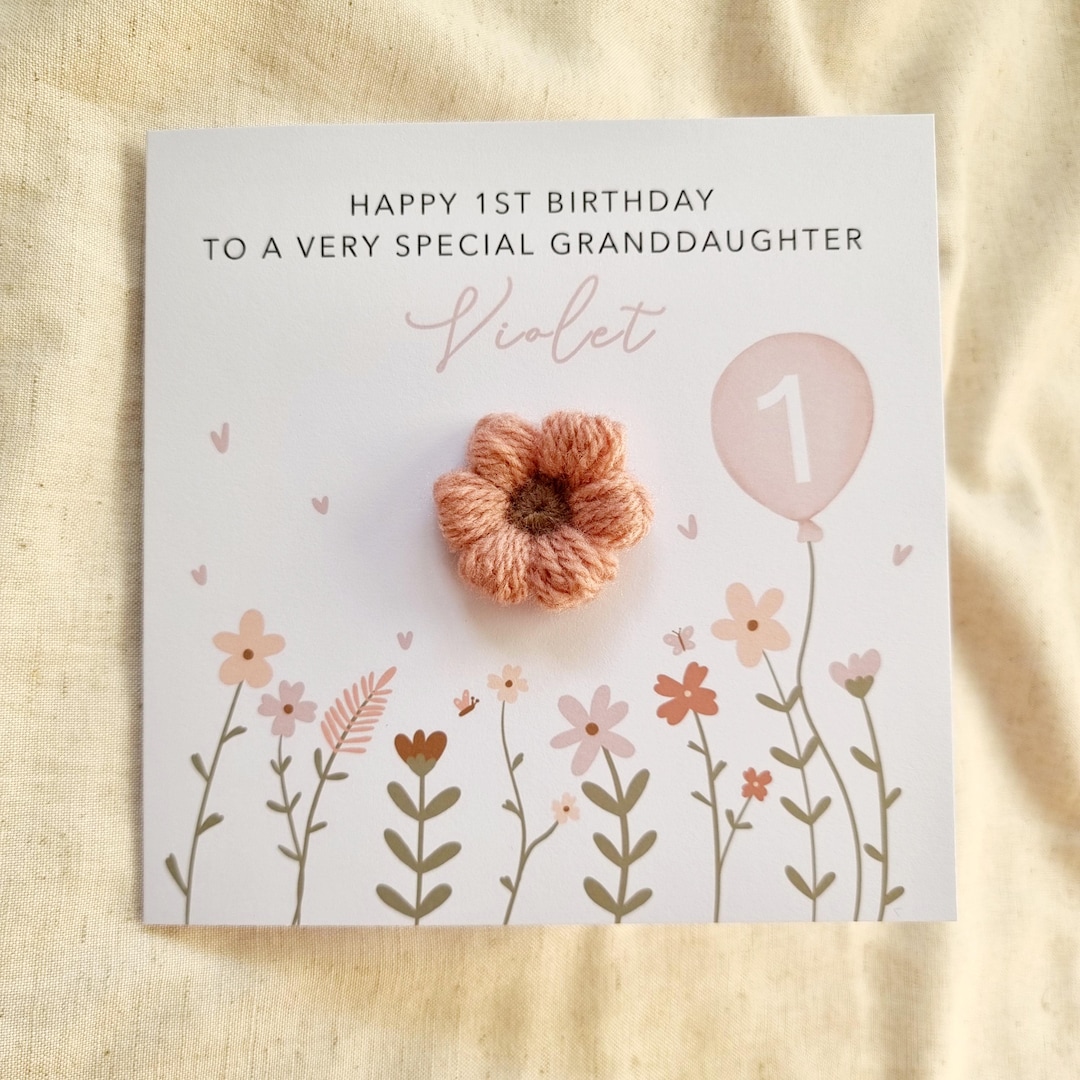 Personalised Granddaughter 1st Birthday Card - Handmade Crochet Puff ...