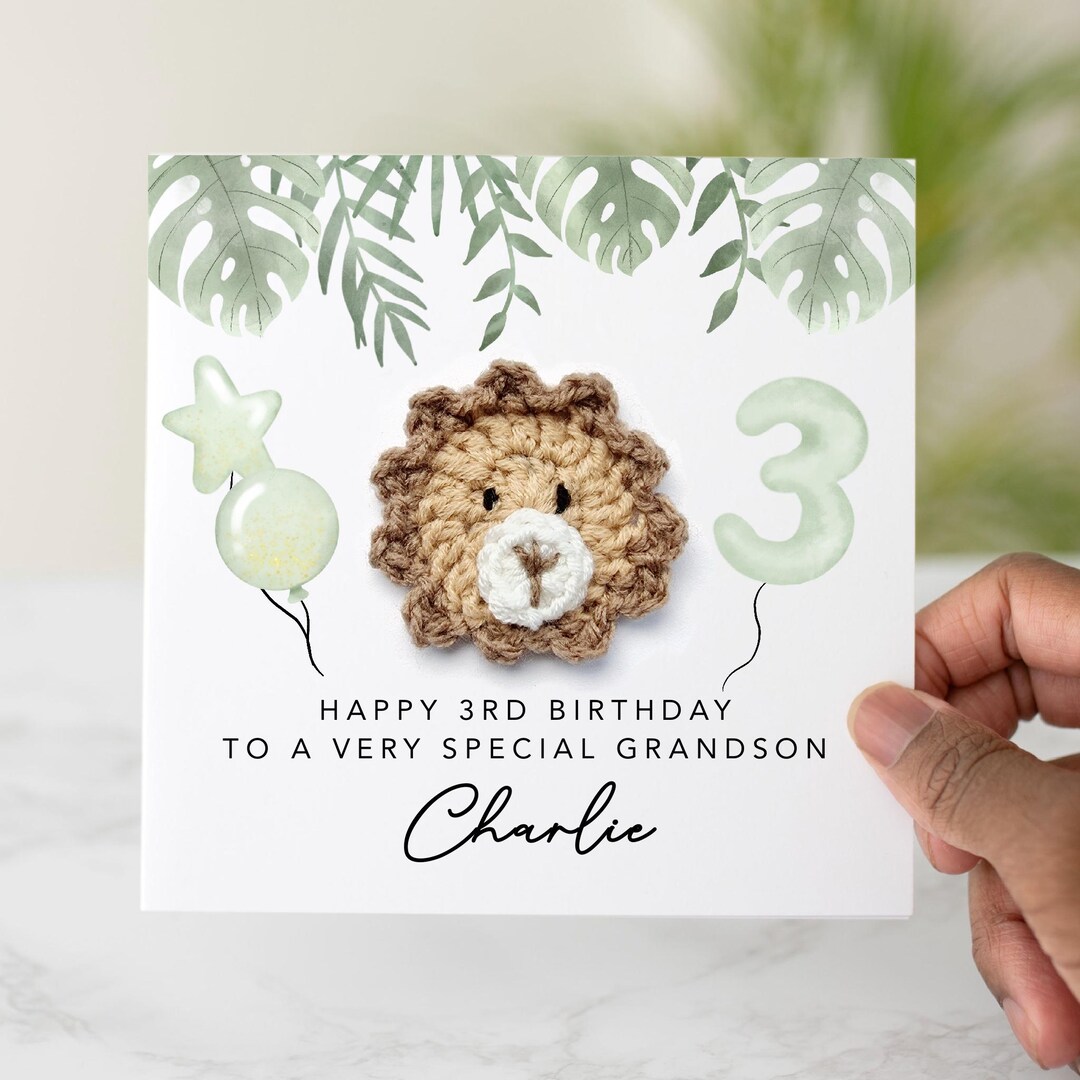 Personalised Grandson 3rd Birthday Card Handmade Crochet Lion Personalised Grandson 3rd Birthday Card Handmade Crochet Lion