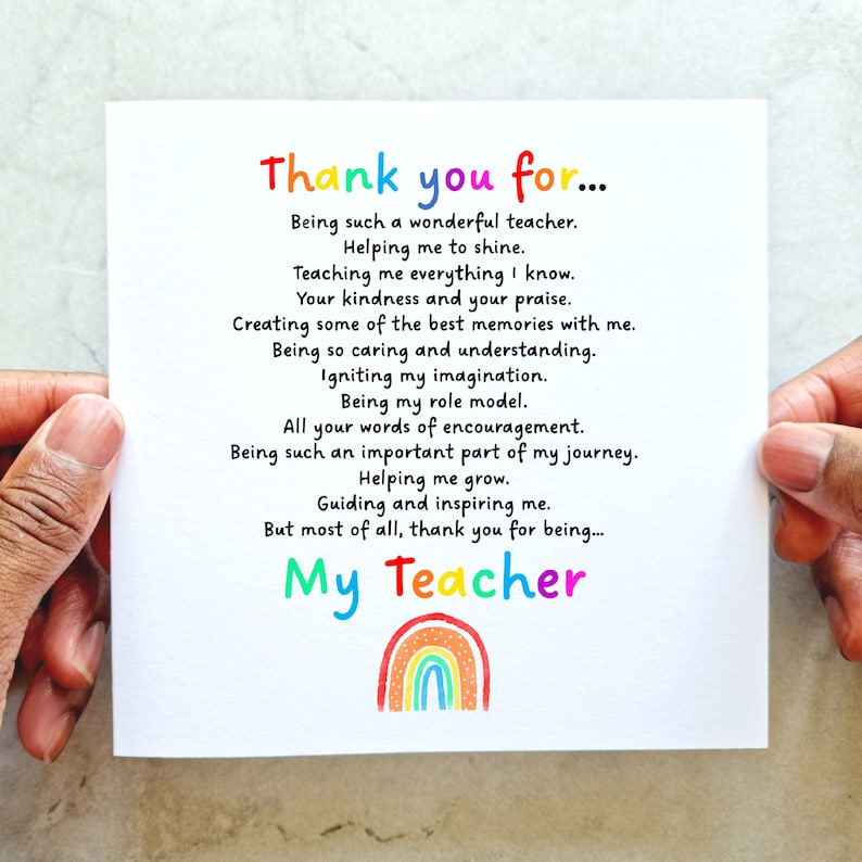 Poem Thank You Teacher Card - Thank You for - Teaching Assistant Card ...
