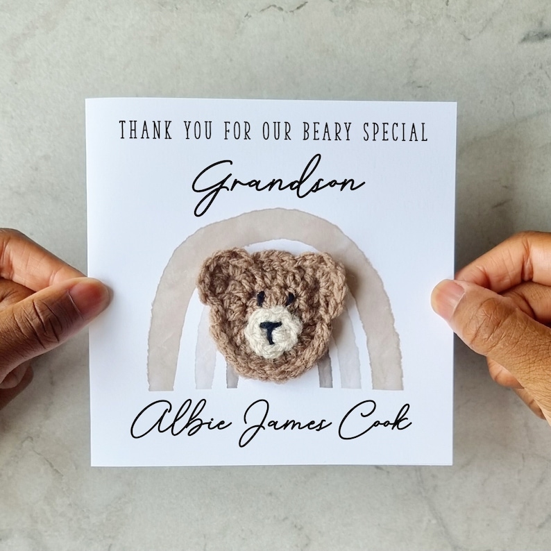 Personalised Thank You for New Grandson Card - Handmade Crochet Bear ...