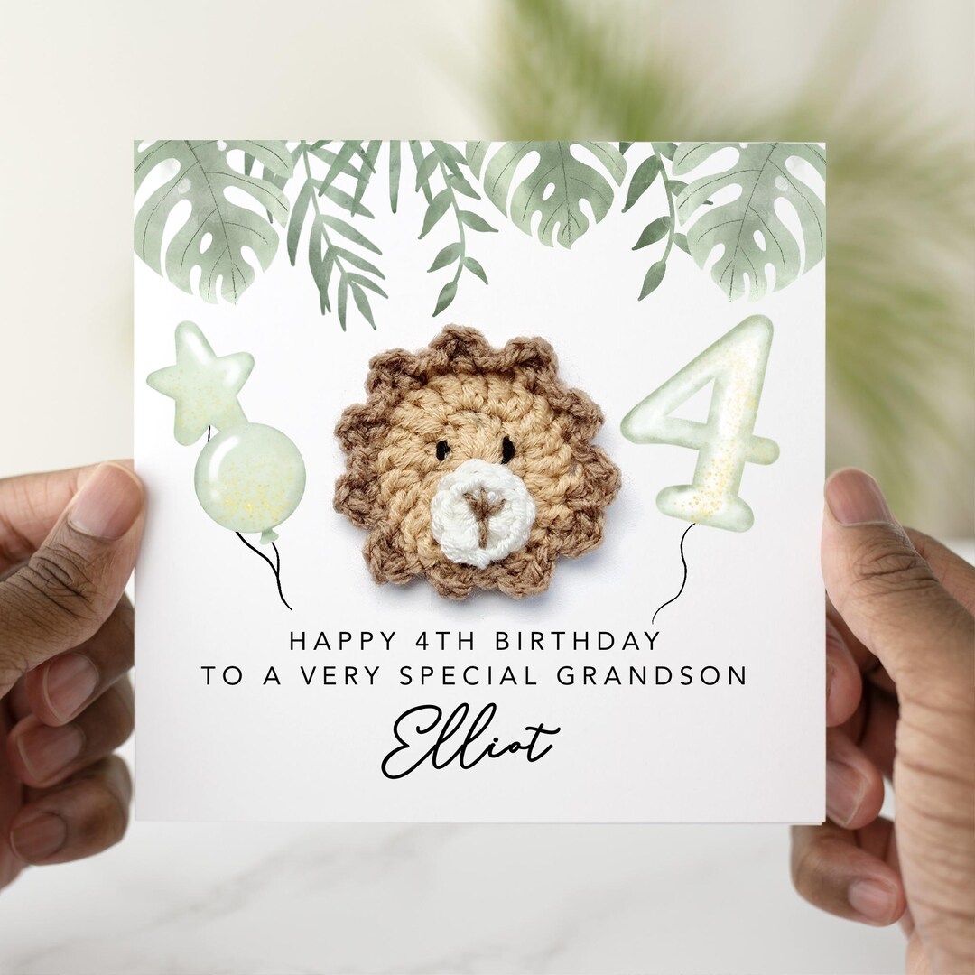 Personalised Grandson 4th Birthday Card - Handmade Crochet Lion ...
