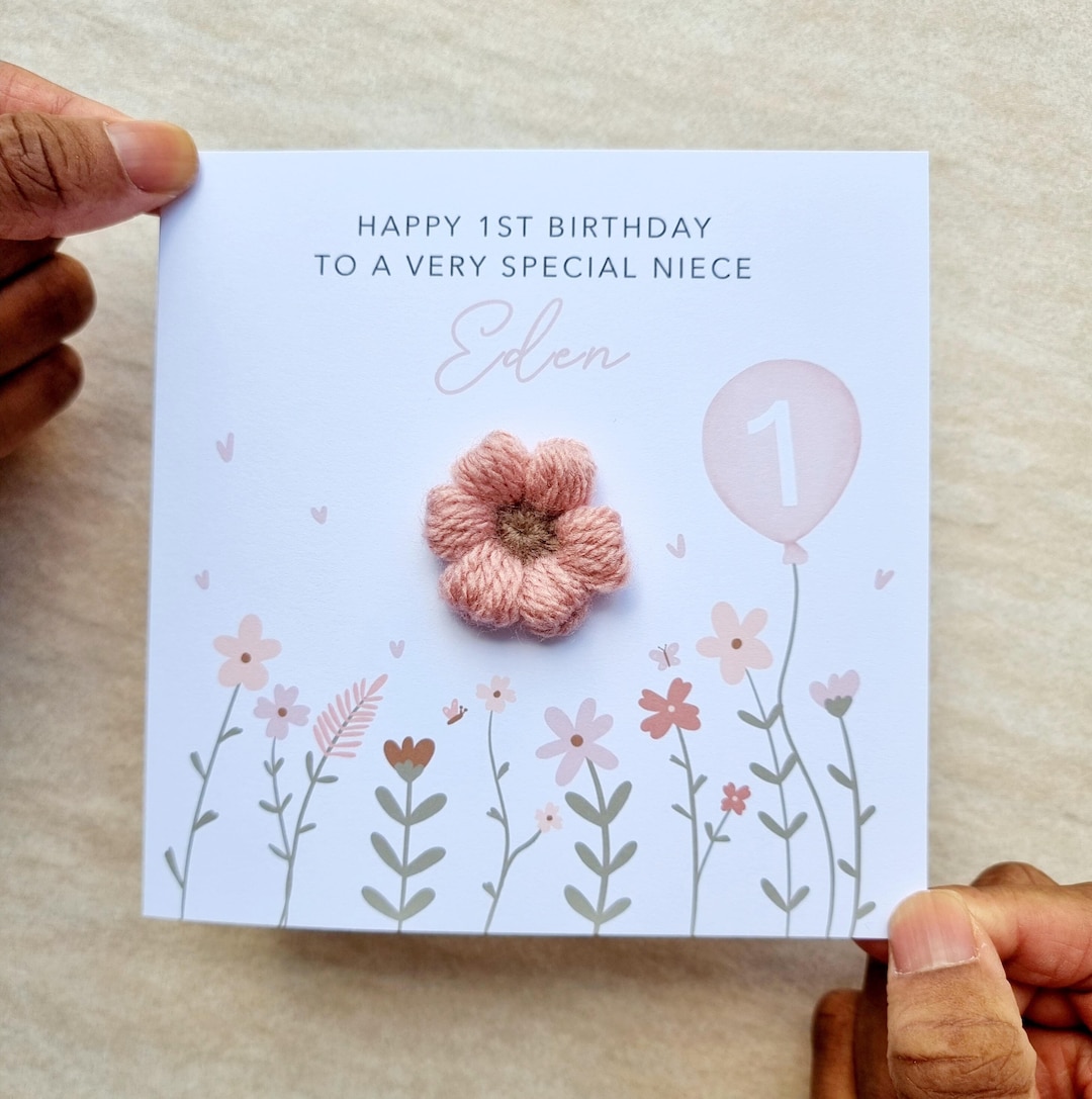 Personalised Niece 1st Birthday Card Handmade Crochet Puff Flower First ...