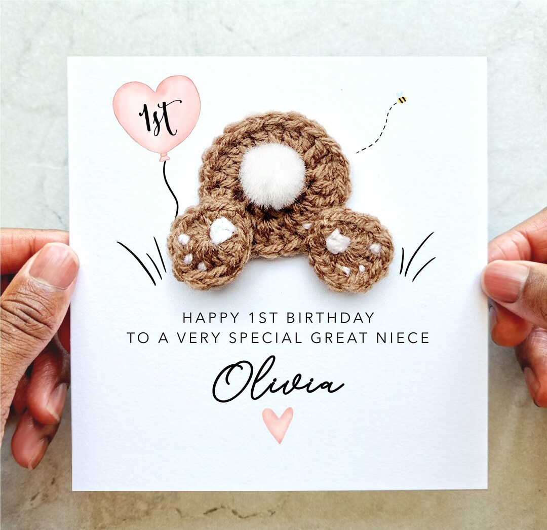 Personalised Great Niece 1st Birthday Card - Handmade Crochet Bunny ...