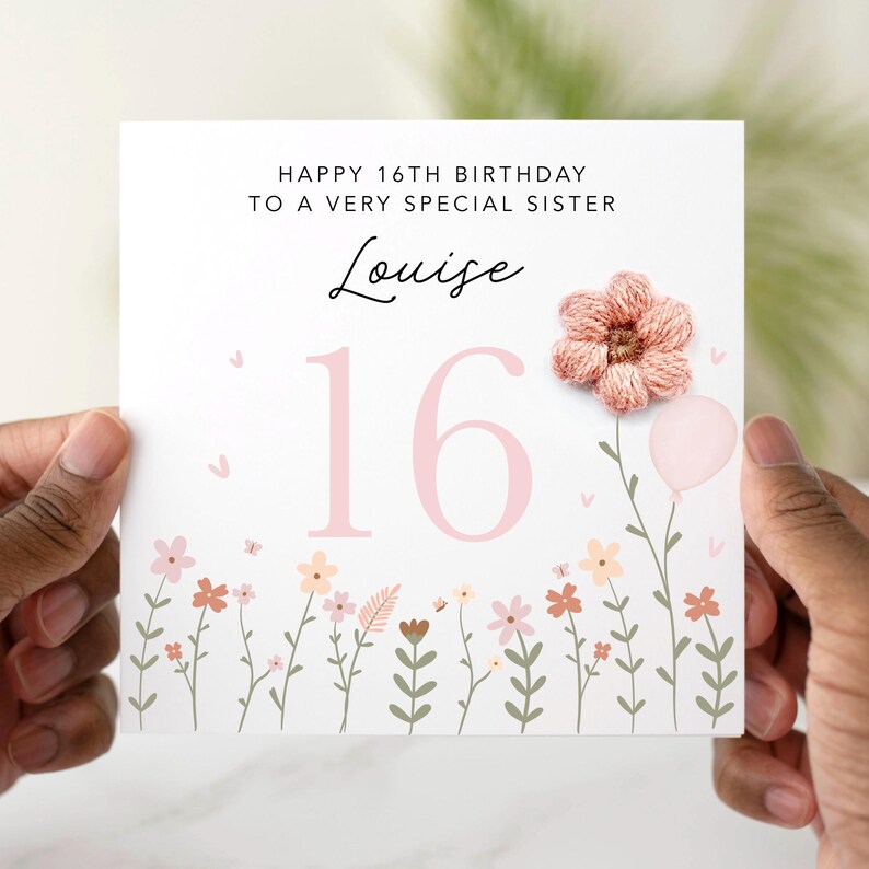 Personalised 16th Birthday Card - Handmade Crochet Puff Flower - 16th ...