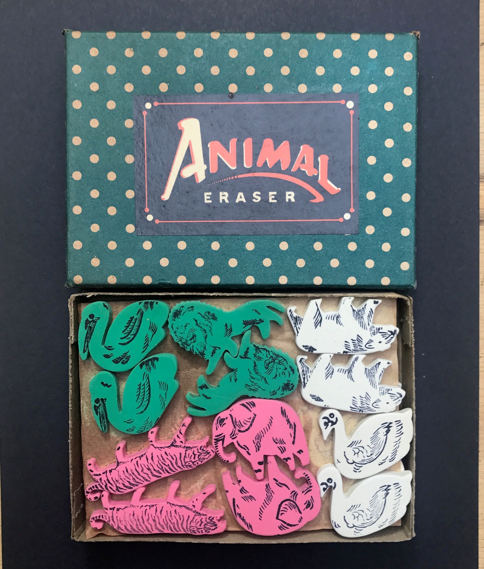 48 Wonderful ANIMAL Erasers Vintage Shop Display Box Made - Etsy