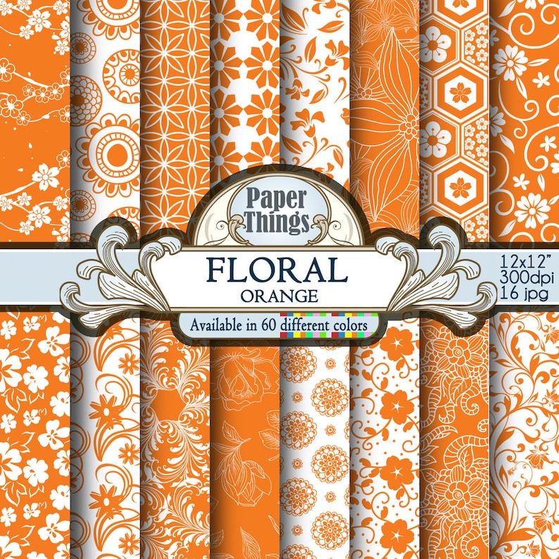 Orange Floral Digital Paper, White and Orange Digital Paper, Orange ...