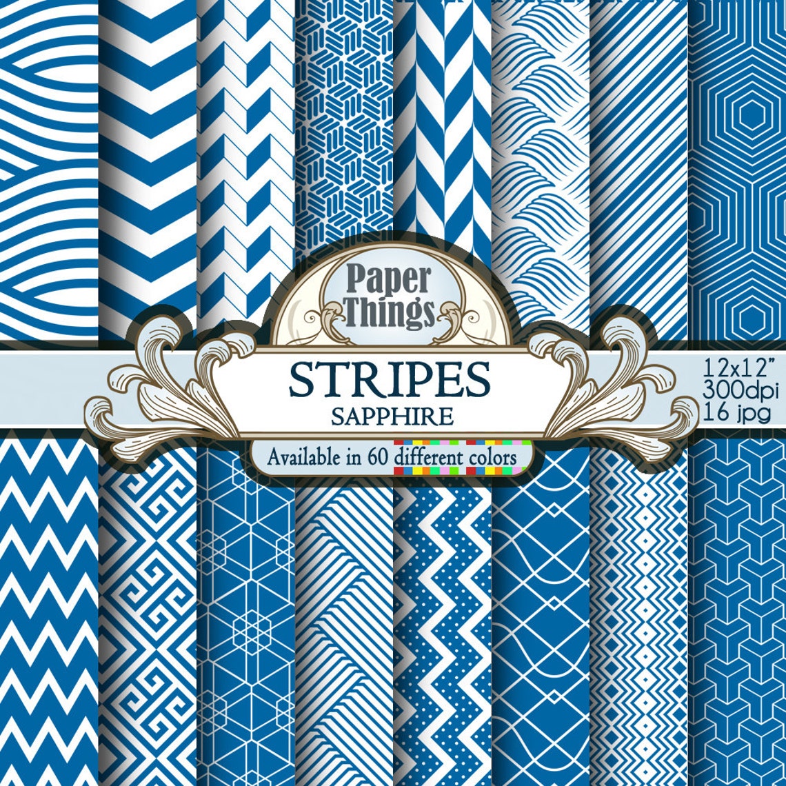 Blu Sapphire Striped Diagonal Digital Paper, Blue Digital Stripes ...
