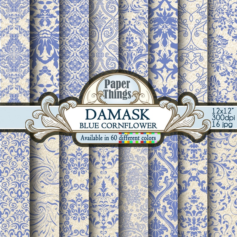 Blue Cornflower Damask Digital Paper Blue Cornflower Printable Patterns ...