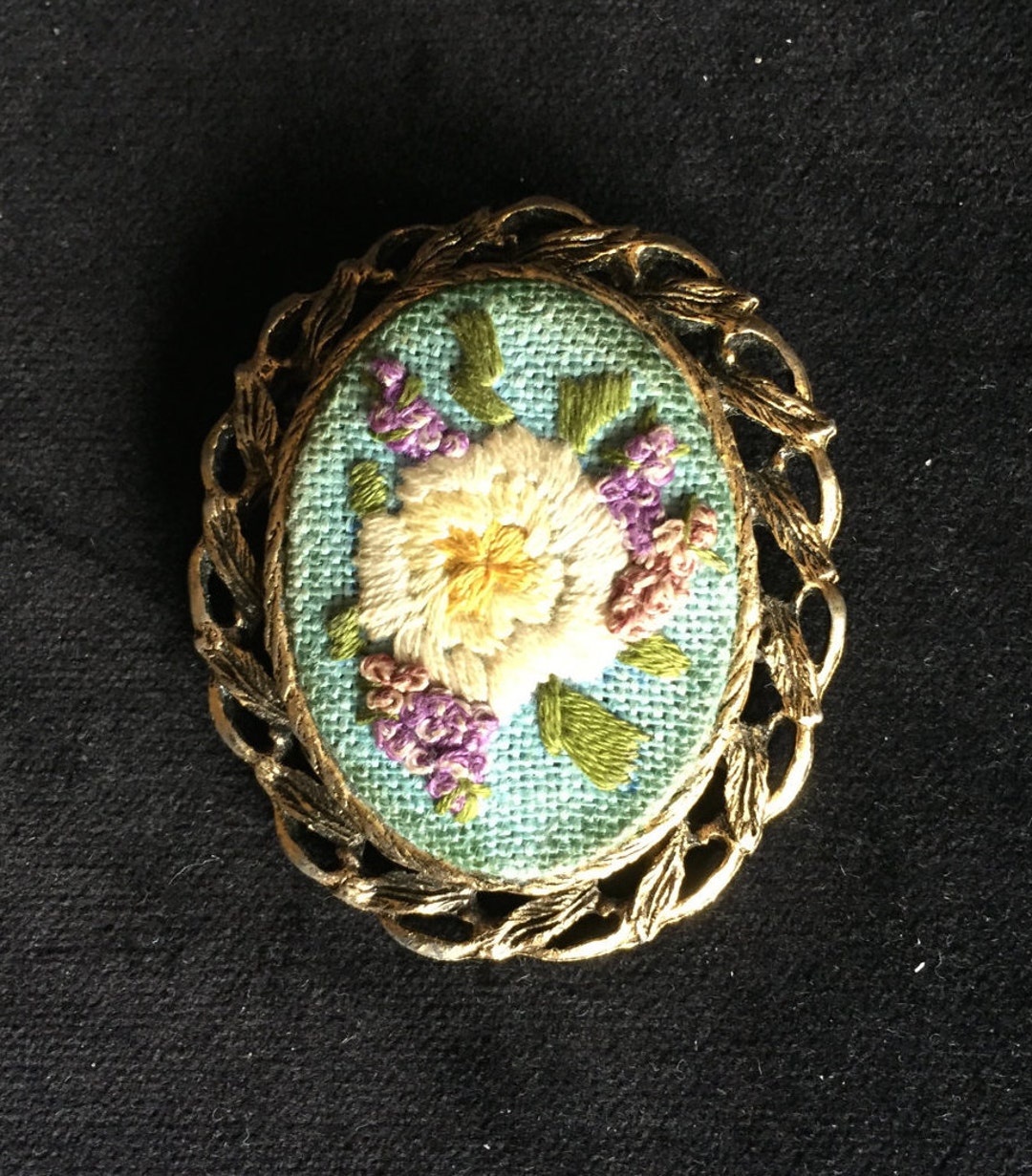 Vintage Embroidered Brooch - Etsy