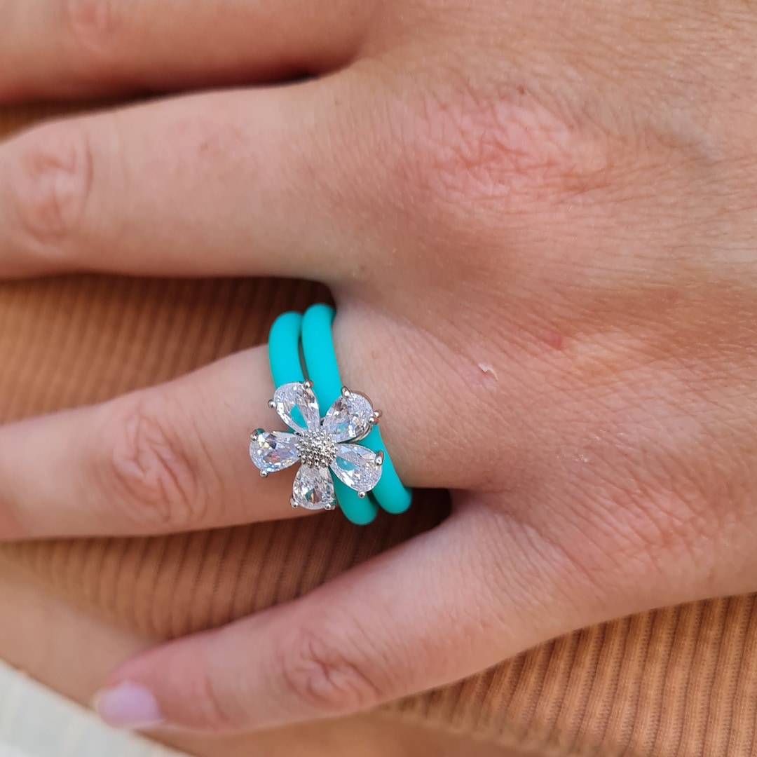 Clear Swarovski Ring, Turquoise Flower Ring, Silicon Floral Ring ...