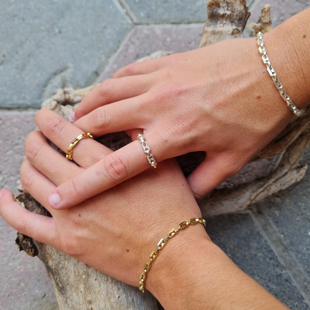 Chain Ring & Bracelet Set, Thin Gold Link Chain Bracelet, Geometric ...