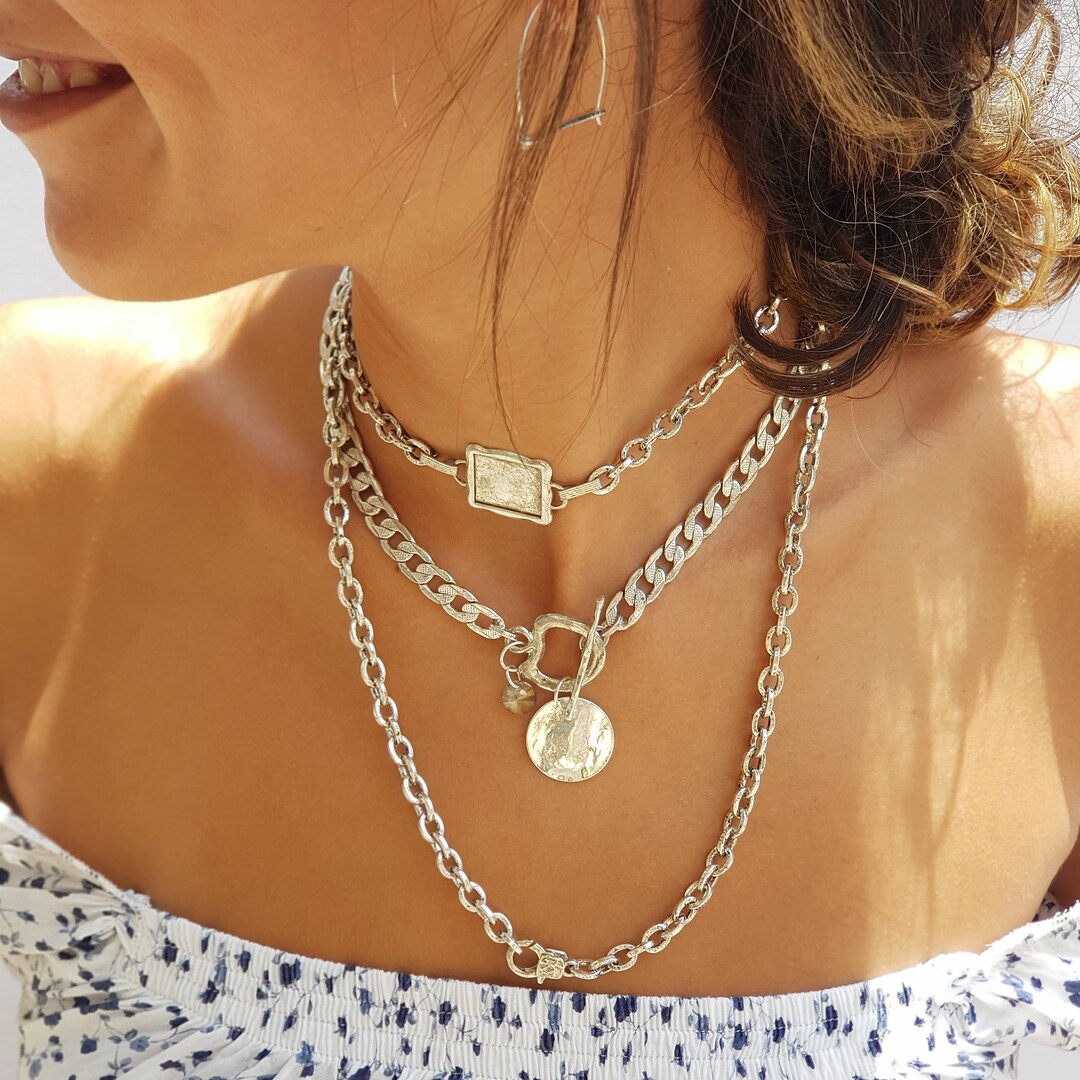 Set of Two Layering Chunky Chain Necklace, Chunky Silver Necklace ...