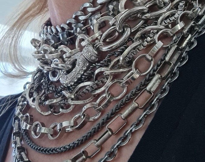 Chunky Silver Necklace, Multi Silver Layered Chains Necklace, Rock ...