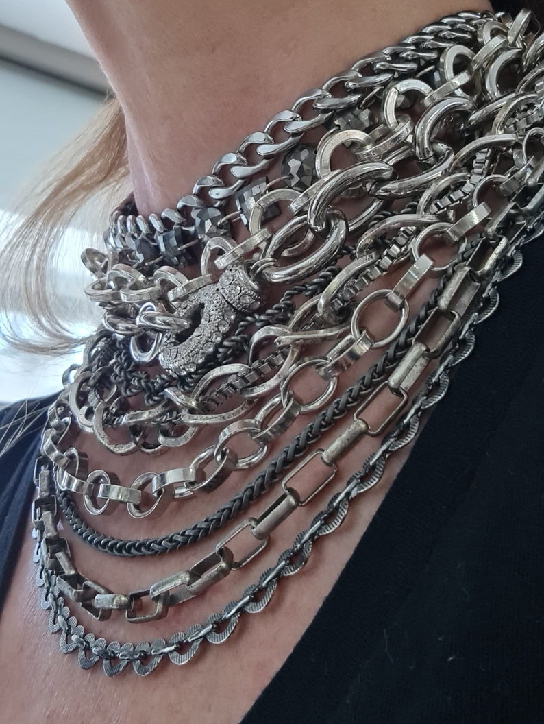 Chunky Oxidized Silver Statement Necklace, Multi Layered Chains ...