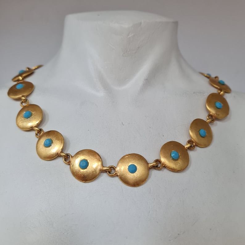 Gold Turquoise Hammered Disc Collar Necklace & Earrings Mid - Etsy