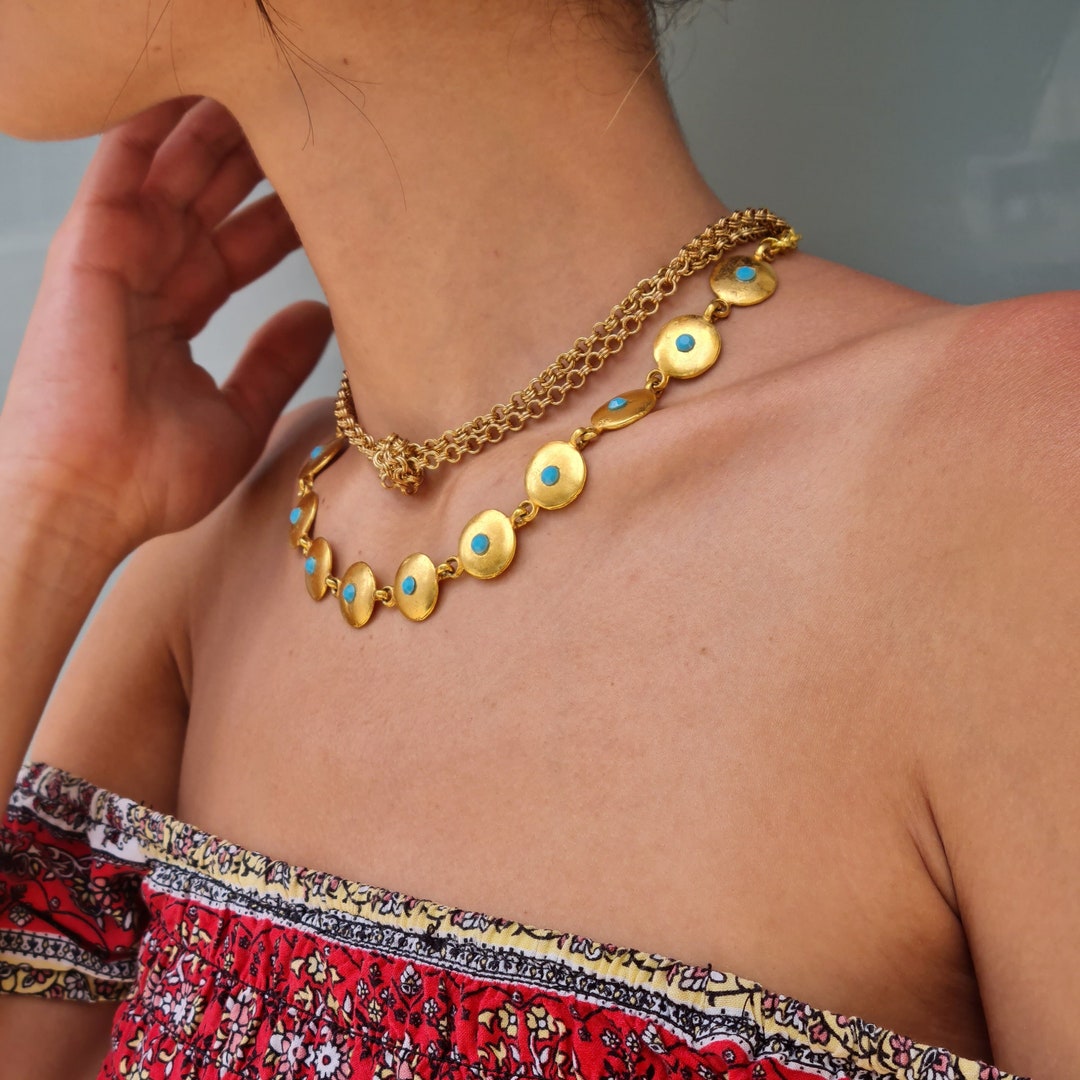 Gold Turquoise Hammered Disc Collar Necklace & Earrings, Mid Century ...