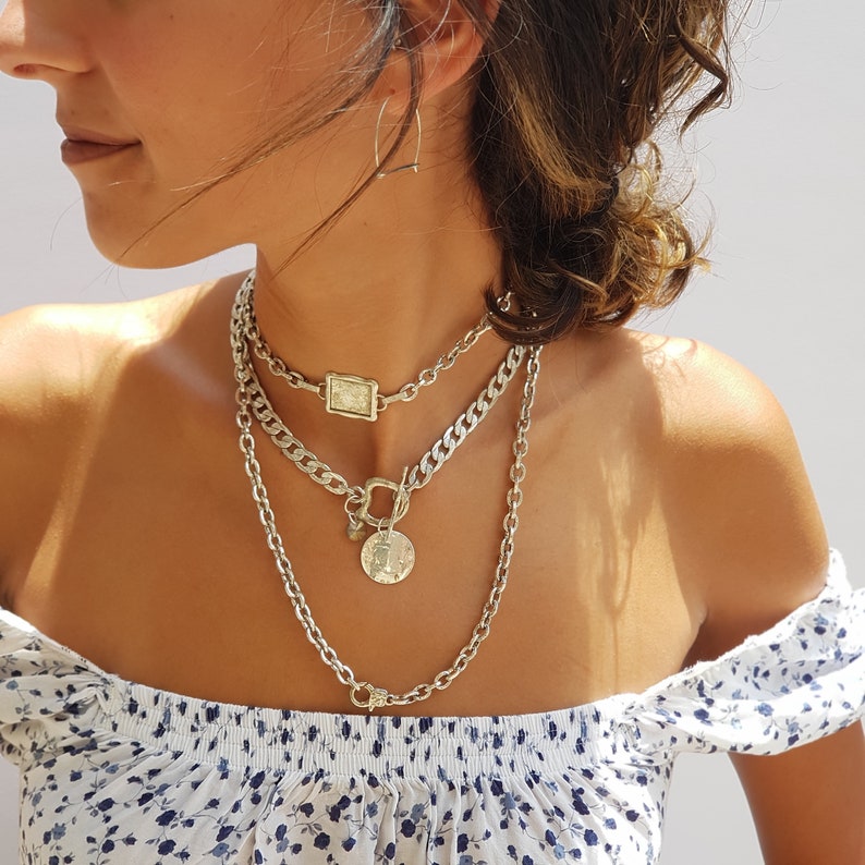 Set of Two Layering Chunky Chain Necklace Silver Antique - Etsy