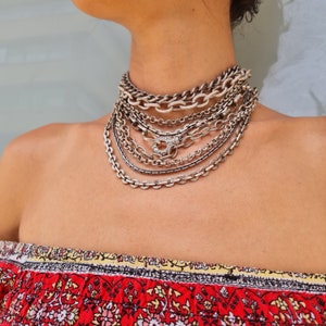 Chunky Chain Collar Necklace, Rocker Chic Antique Silver Statement ...