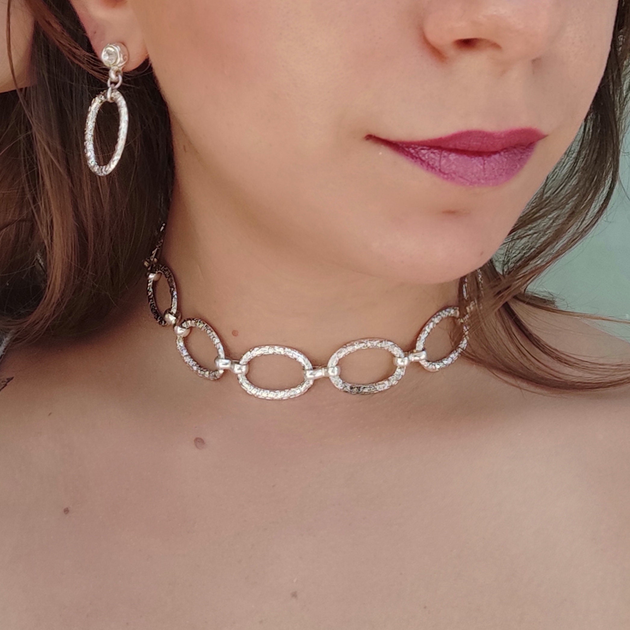 Chunky Chain Collar Necklace Matching Earrings Antique | Etsy