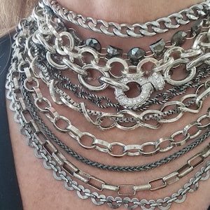 Chunky Silver Necklace, Multi Silver Layered Chains Necklace, Rock ...