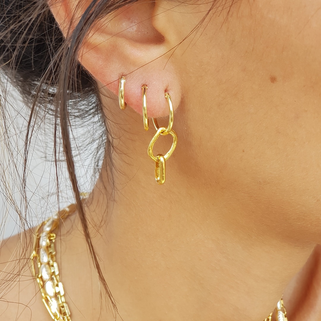 Trendy Earrings, Tiny Gold Hanging Hoop, Minimalist Linked Earrings, Chain Link Earrings, Simple ...