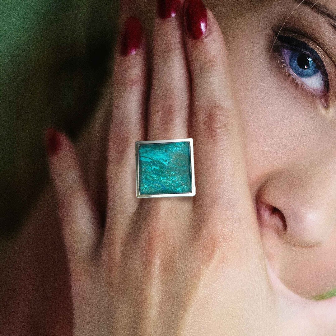 Square Ring in Silver With Peacock Blue Marble, Blue Cocktail Ring, Marble Ring, Blue Square ...