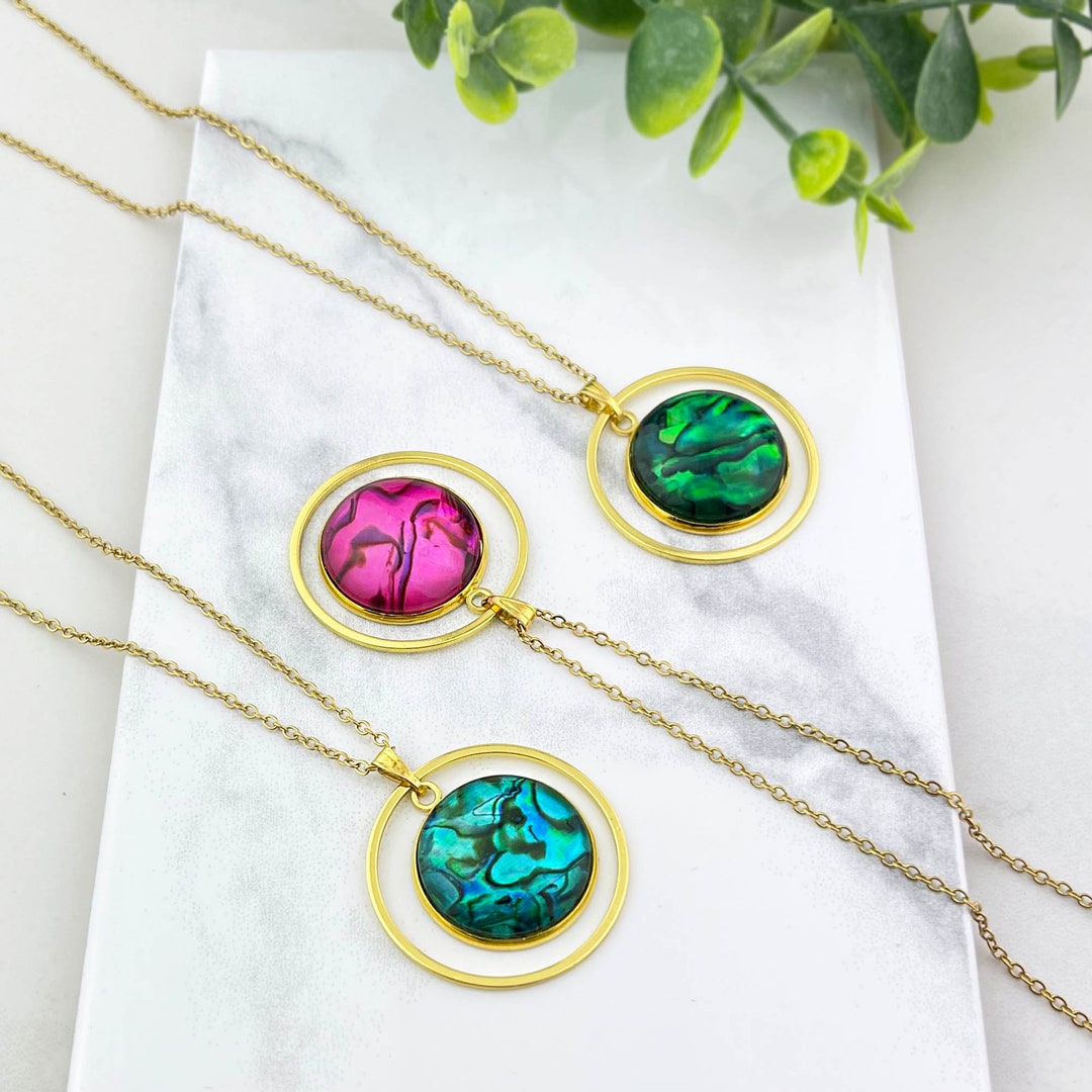Colourful Pendant in Gold With Abalone, Long or Short Necklace, Blue ...