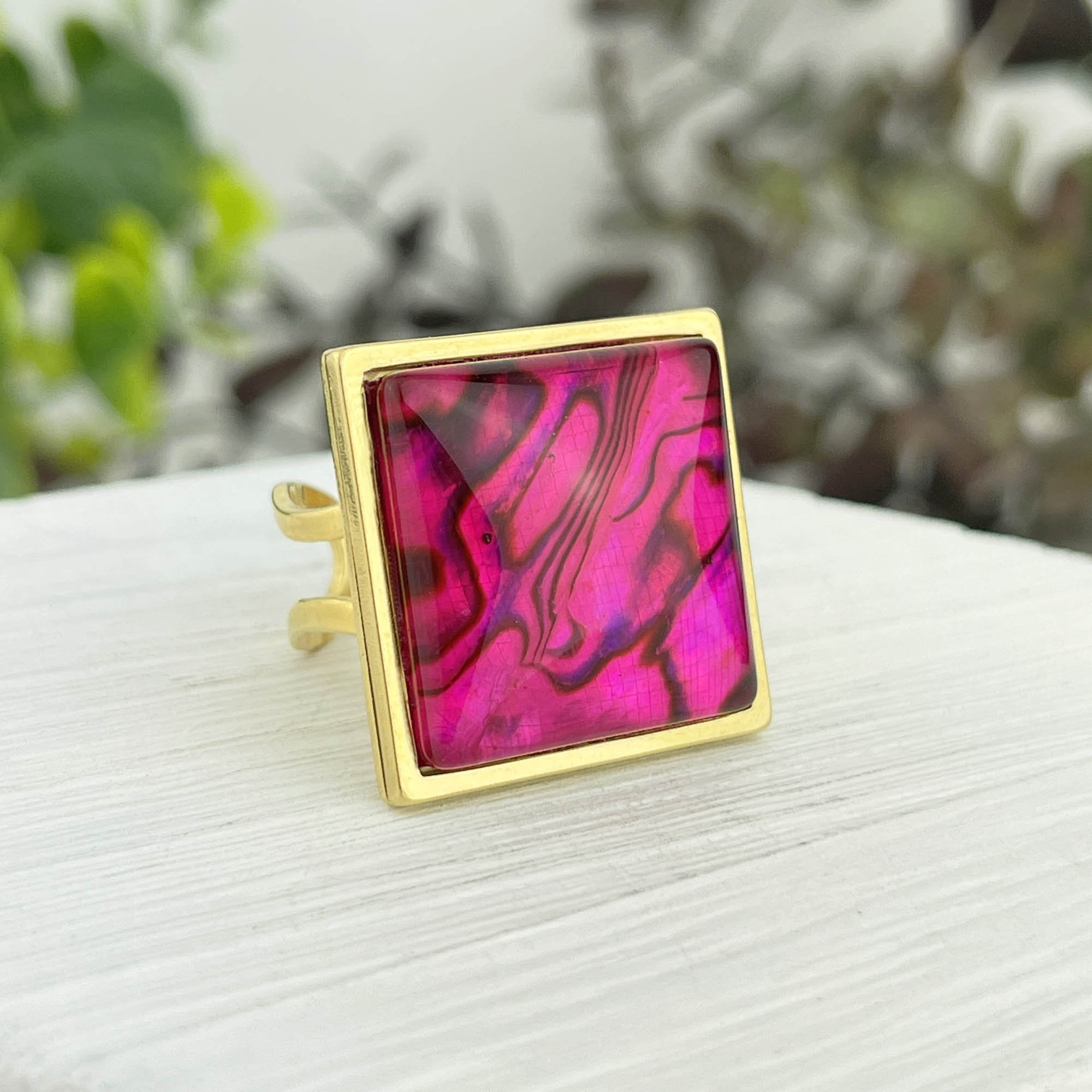 Square Cocktail Ring in Gold With Bright Fuchsia Abalone, Hot Pink ...