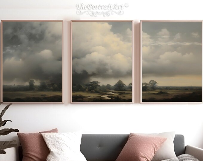 Vintage Landscape, Wide Shot Oil Painting, Triptych Wall Decor, Tryptic ...