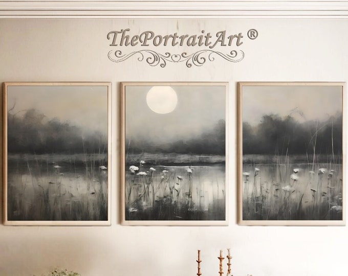 Lake and Woods Landscape, Vintage Oil Painting, Triptych Wall Art ...