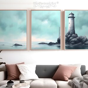 Triptych Wall Art, Light House Painting, Abstract Minimalism, Digital ...