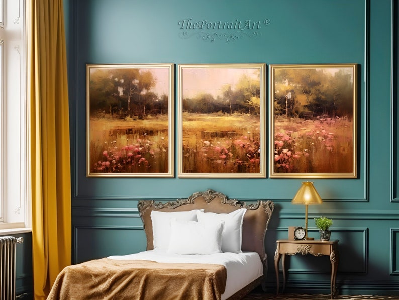 Tryptic Wall Art, Vintage Pink Flowers Forest Triptych, Flower Wall Art ...