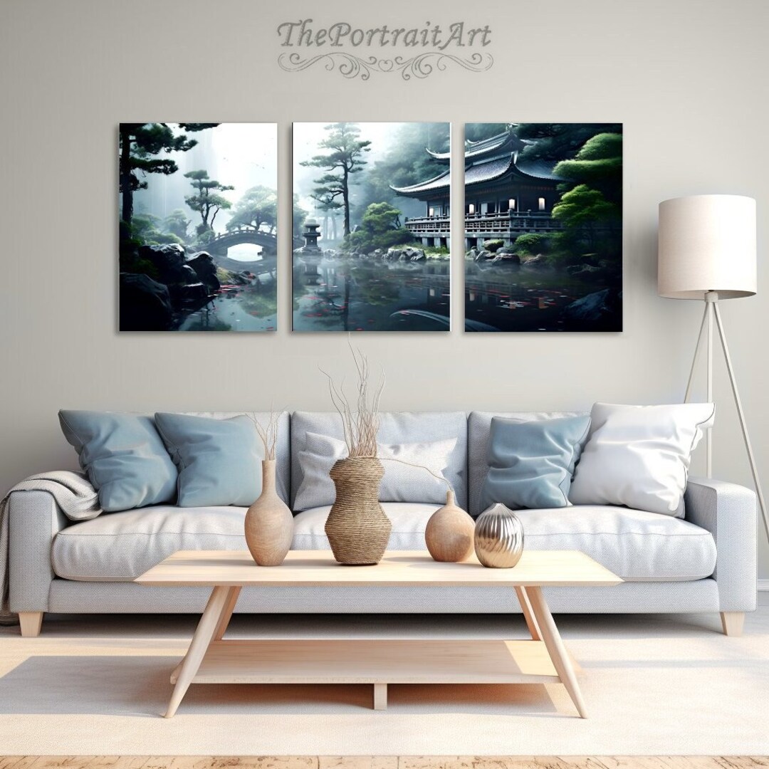 Zen Temple Scenery Triptych Wall Art, Tryptic Home Decor, Oriental ...