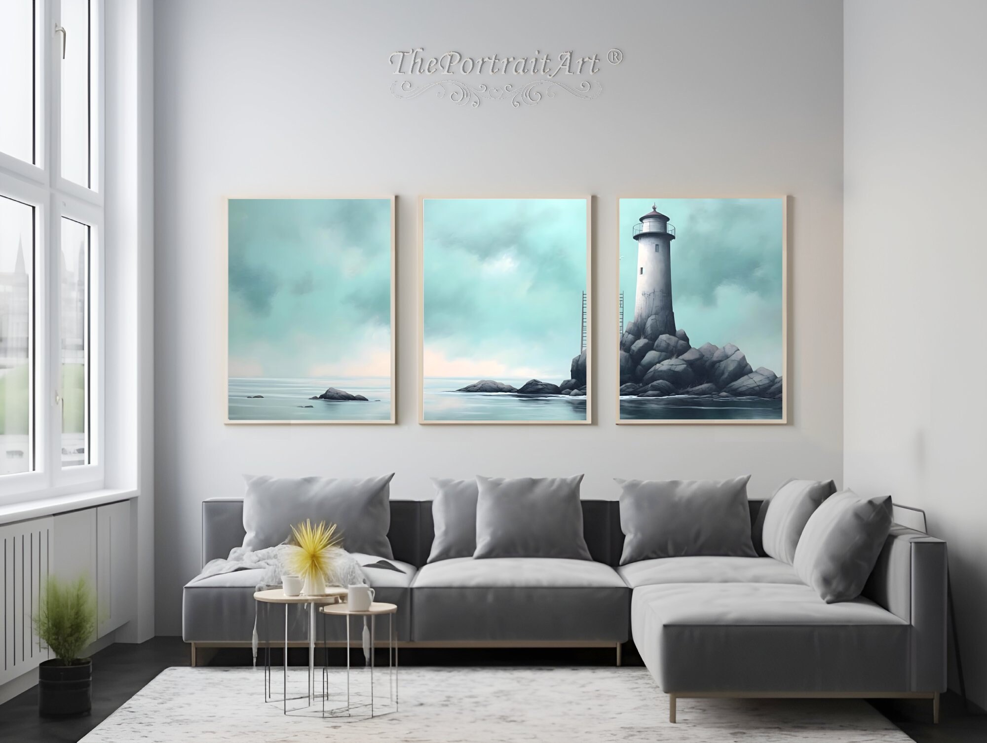 Triptych Wall Art, Light House Painting, Abstract Minimalism, Digital ...