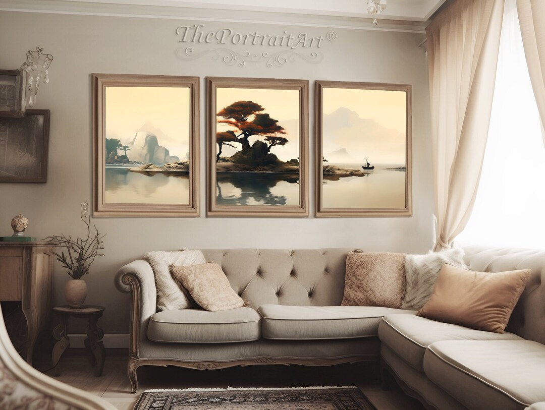 Vintage Landscape, Tree Over Lake, Triptych Wall Art, Digital Download ...