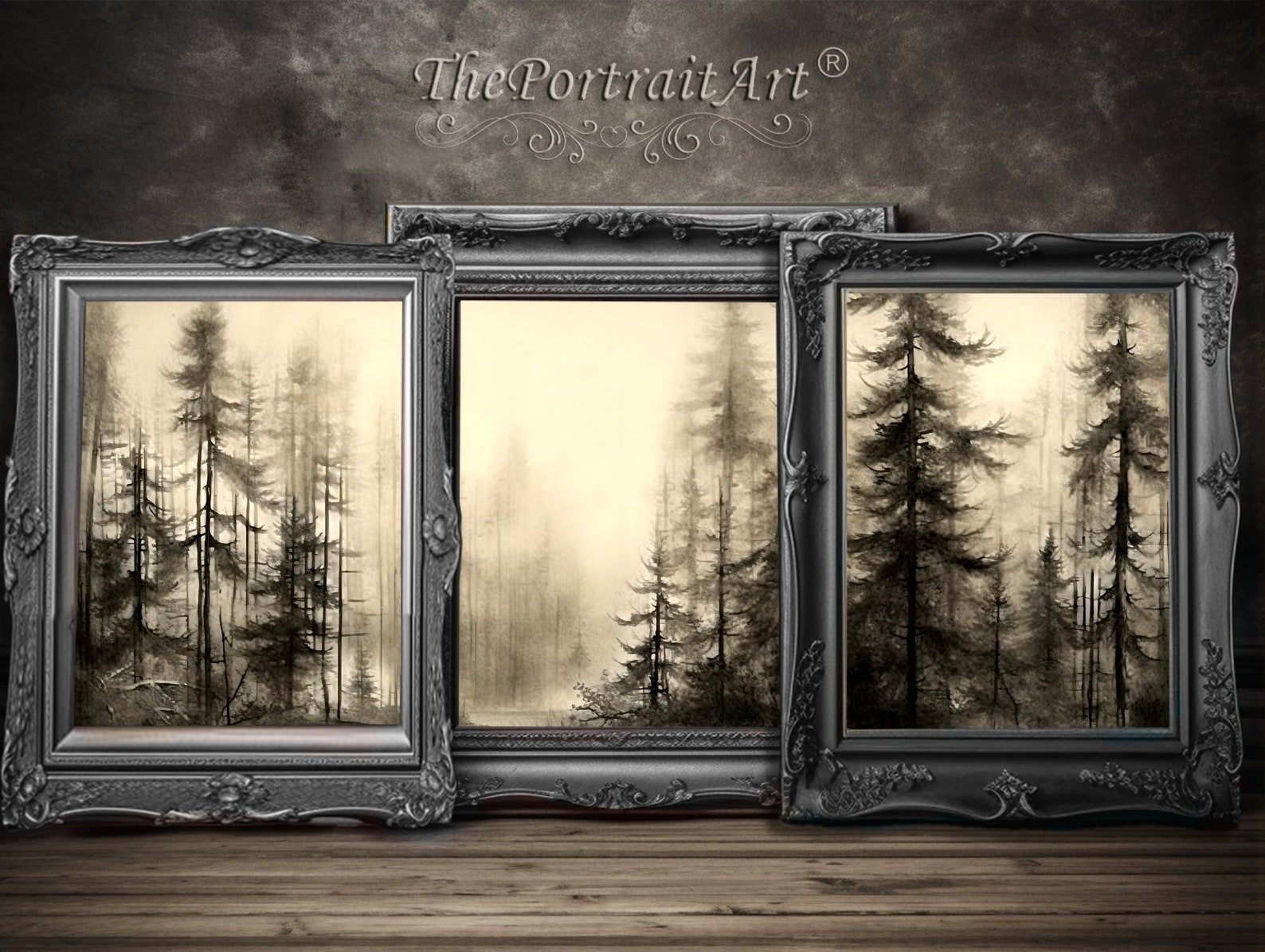 Triptych Forest Scene Vintage, Sepia Black and White Drawings ...