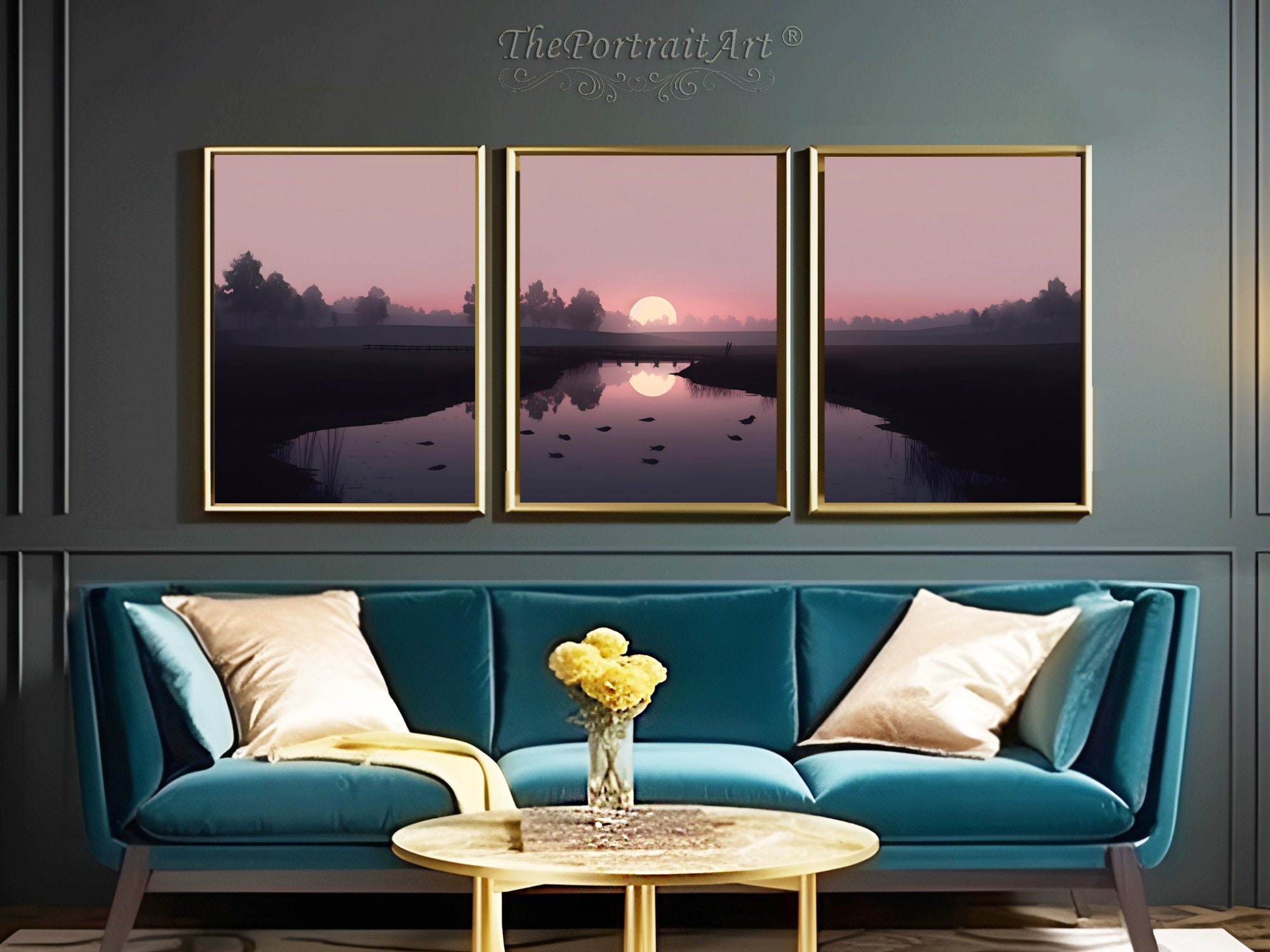 Lake and Woods at Sunset, Triptych Wall Art, Instant Digital Download ...
