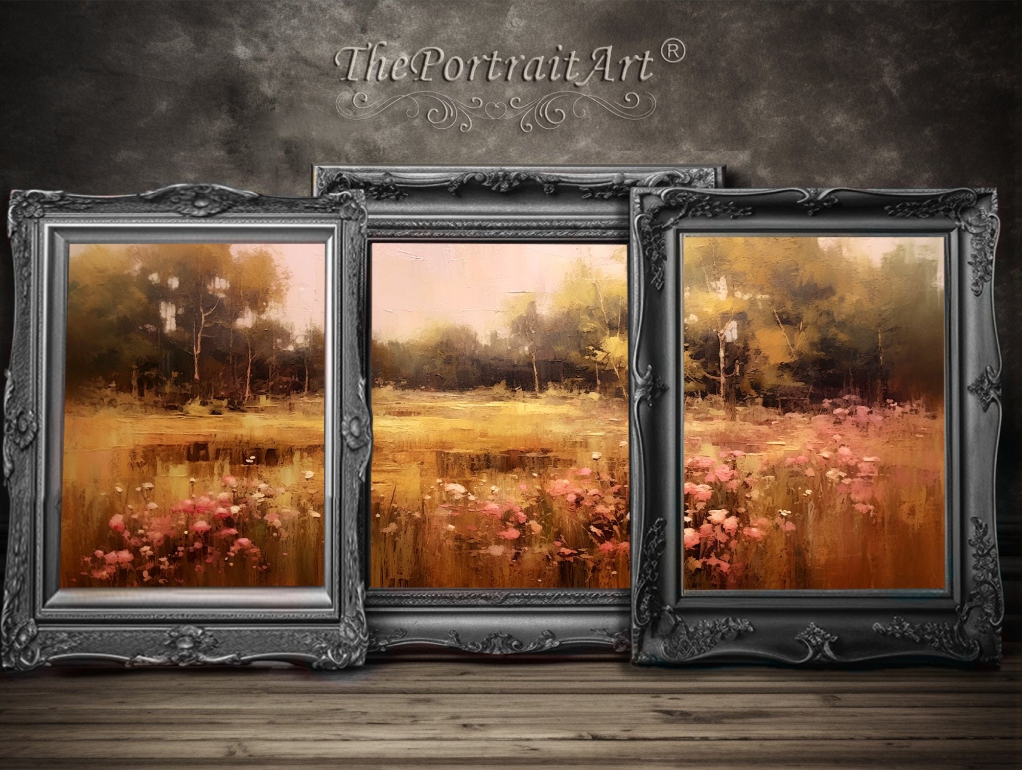 Tryptic Wall Art, Vintage Pink Flowers Forest Triptych, Flower Wall Art ...