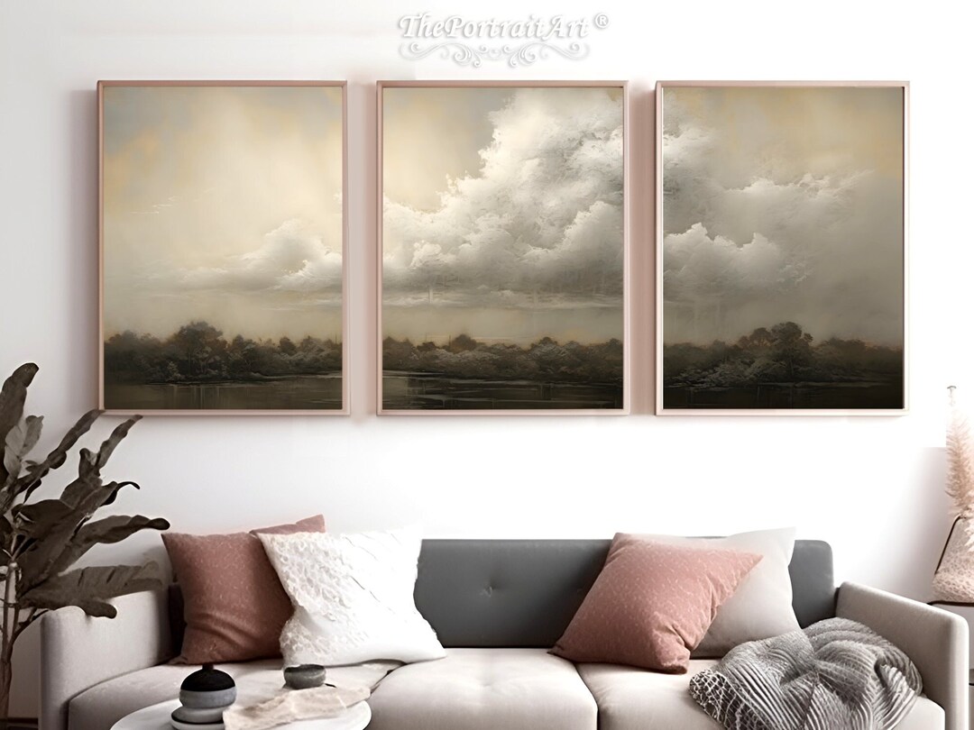 Cloudy Sky Landscape, Vintage Color Painting, Triptych Wall Decor ...