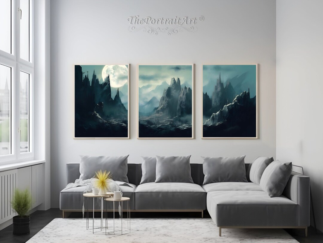Moon Over Mountain, Dramatic Scenery, Triptych Wall Art, Digital ...