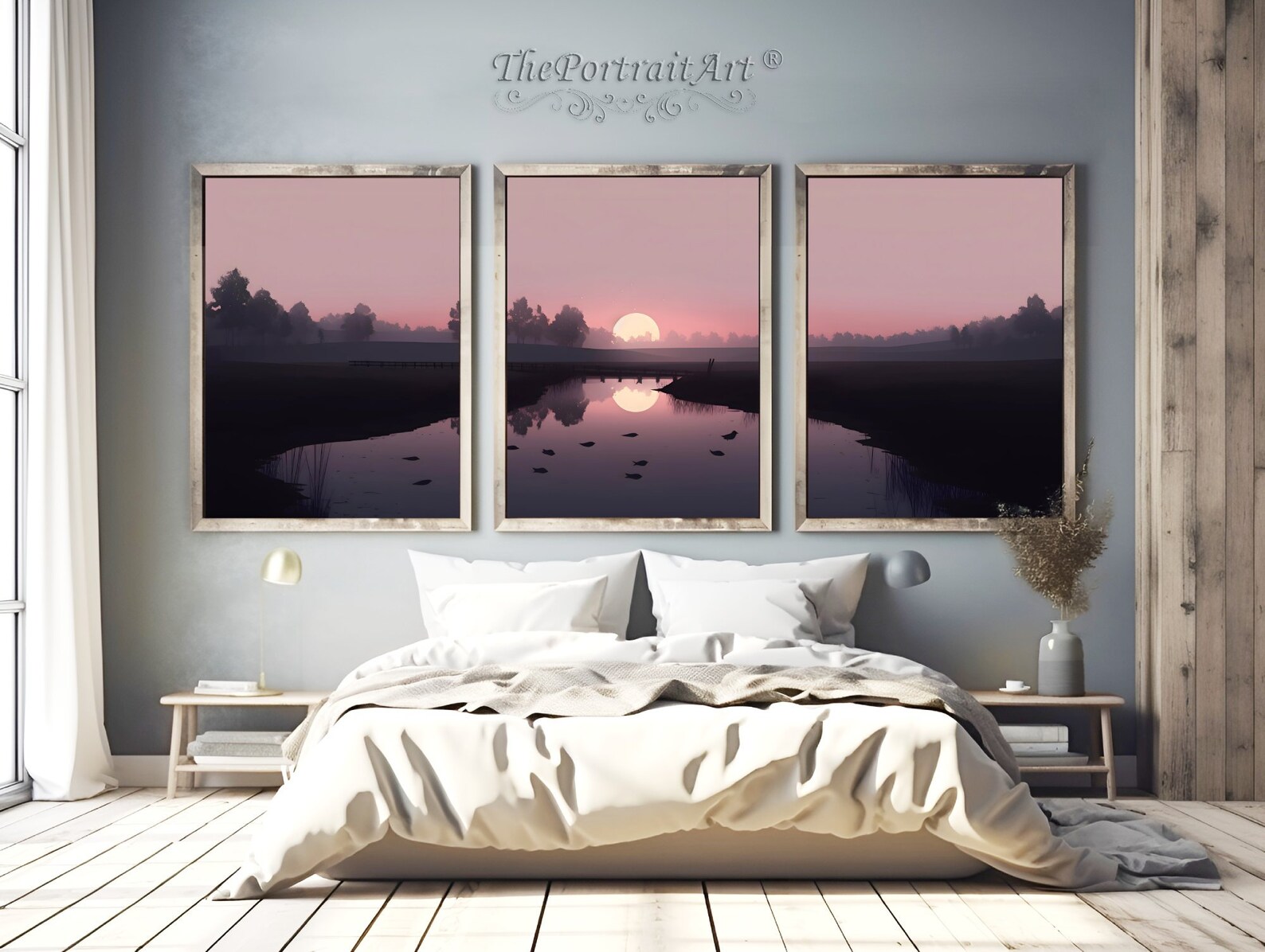 Lake and Woods at Sunset, Triptych Wall Art, Instant Digital Download ...