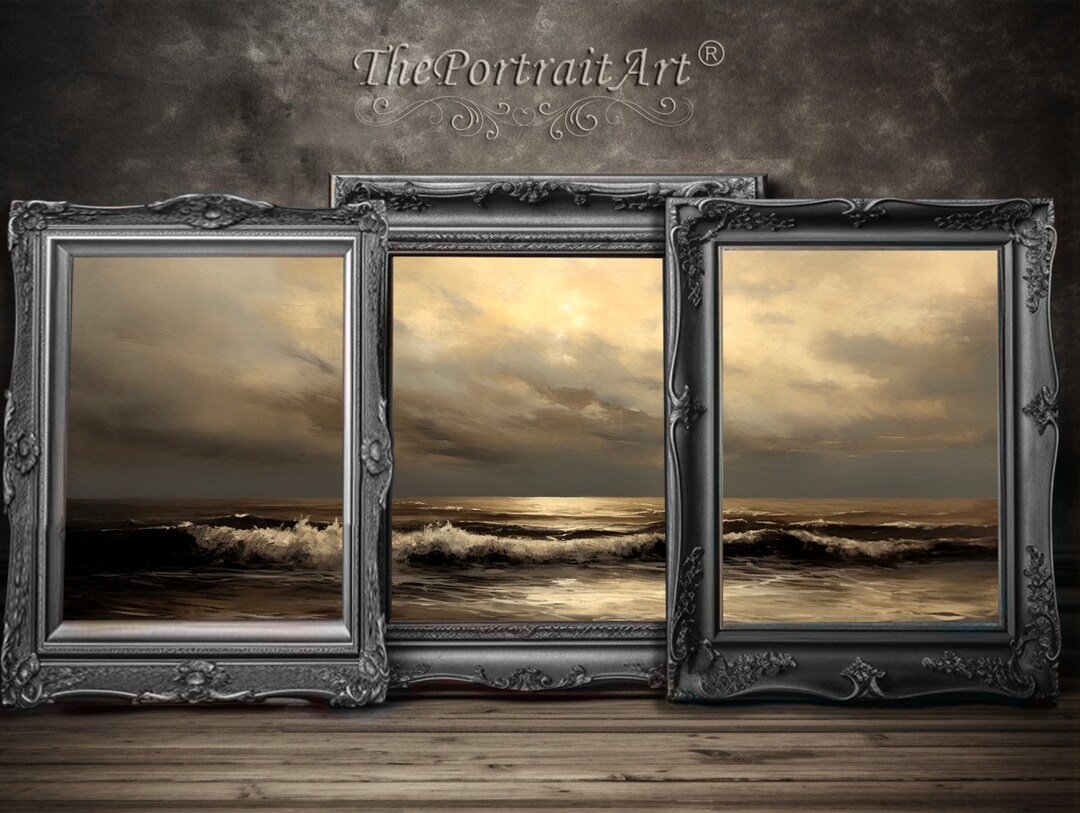 Tryptic Wall Art, Vintage Ocean Waves Nighttime Seascape, Sepia Tone ...