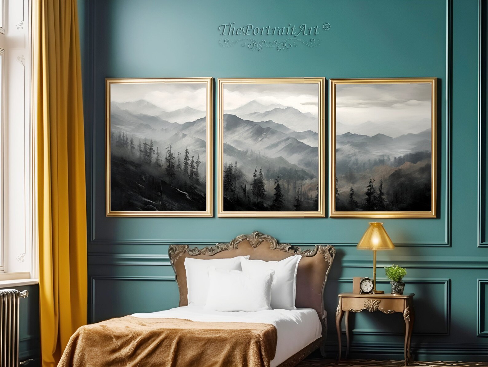 Hazy Landscapes Tryptic Wall Art, Vintage Mountain Triptych, Realistic ...