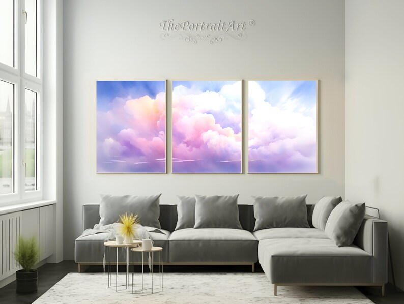 Purple Heavenly Clouds and Sky Triptych Art, Tryptic Wall Decor ...