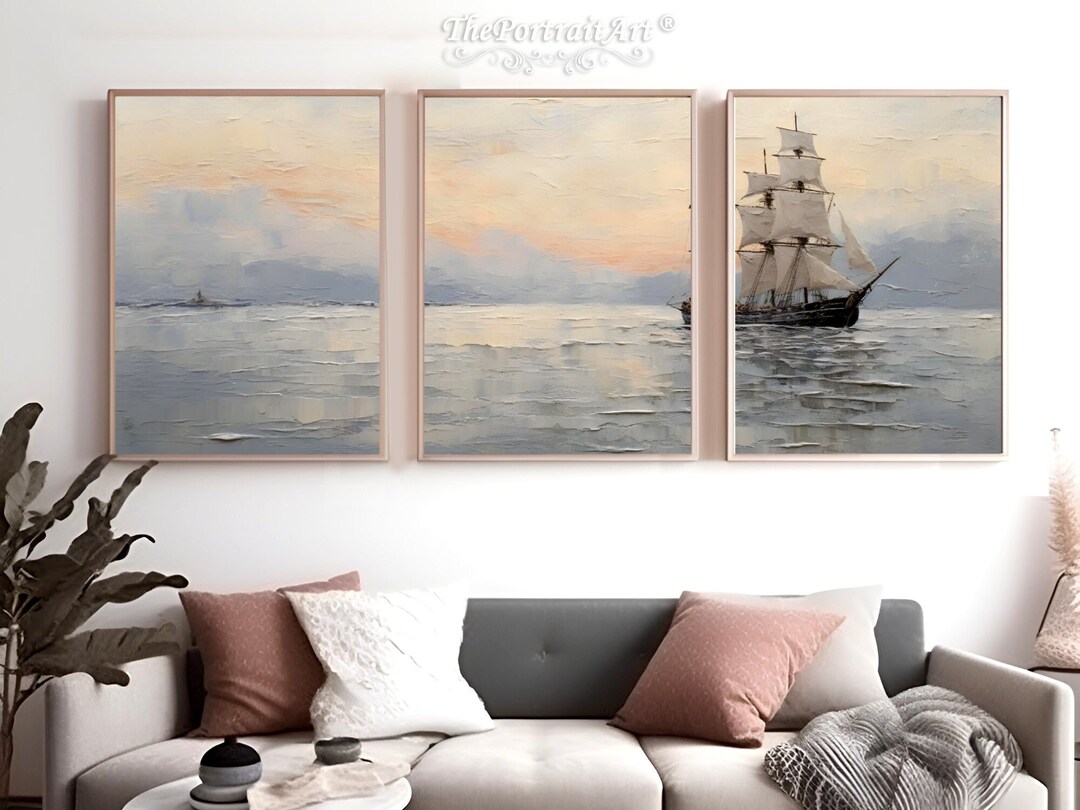 Triptych Wall Art, Boat at Ocean, Impasto Oil Painting, Digital ...