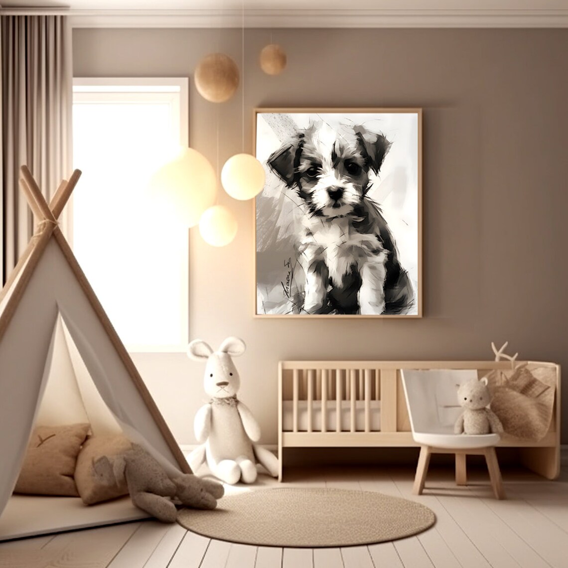 Wall Art Puppy Sketch Digital Printable Decor Fine Art Minimalism ...