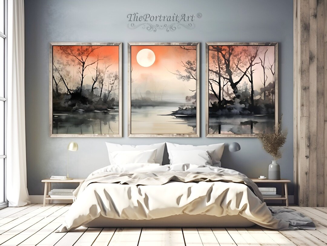 Moon Over Lake Triptych - Watercolor Painting, Digital Download ...