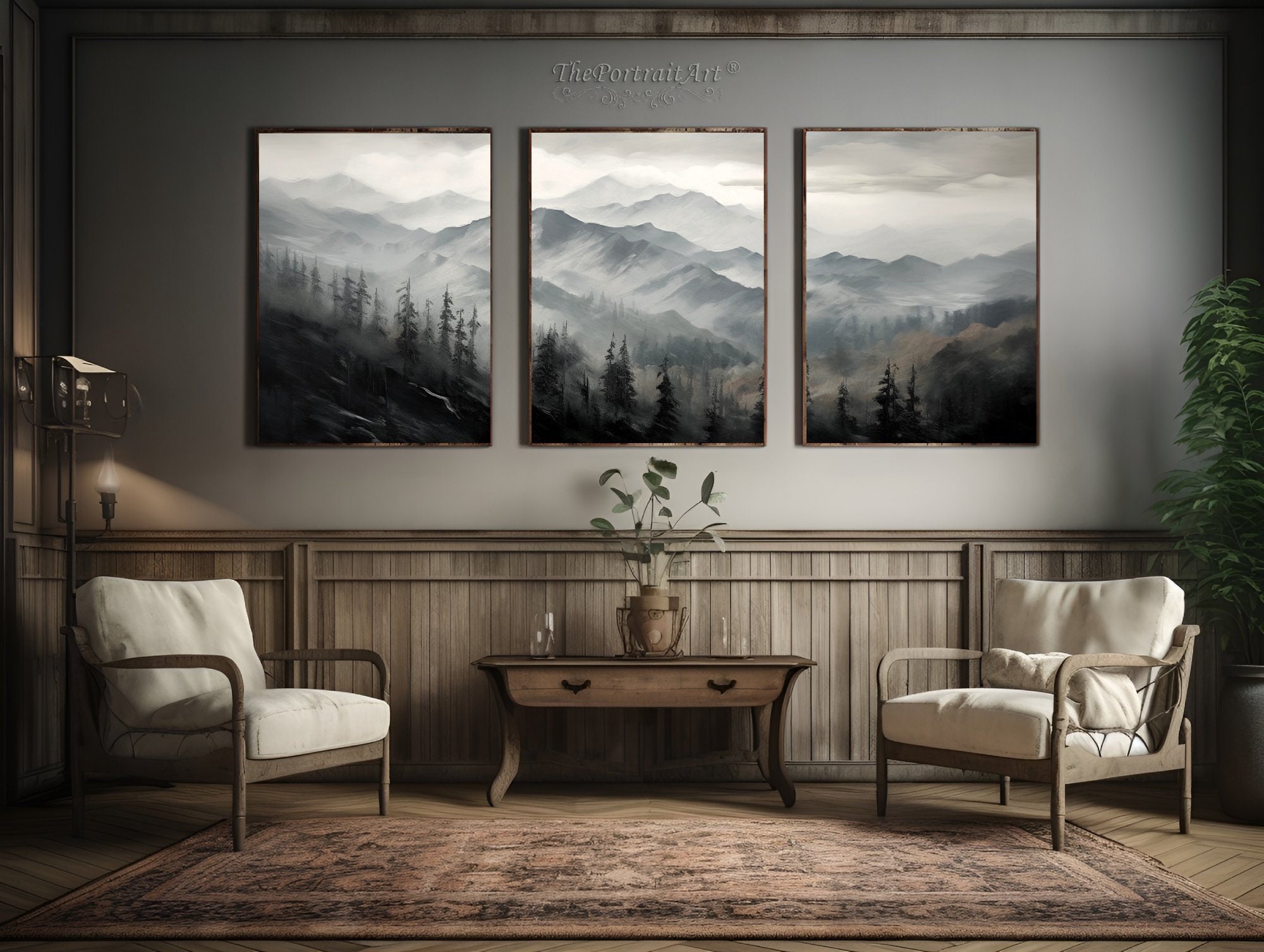 Hazy Landscapes Tryptic Wall Art, Vintage Mountain Triptych, Realistic but Muted Color Palette ...